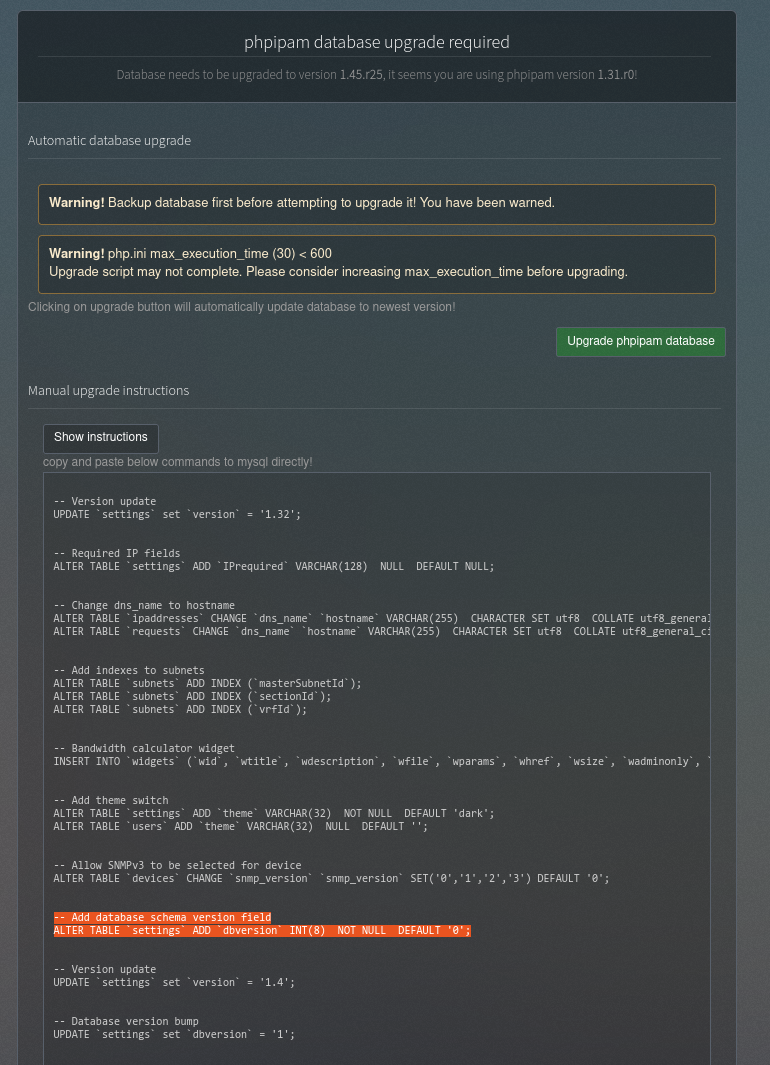 migrate from 1.31 to 1.4 missing settings.dbversion. · Issue #3445 · phpipam/phpipam · GitHub