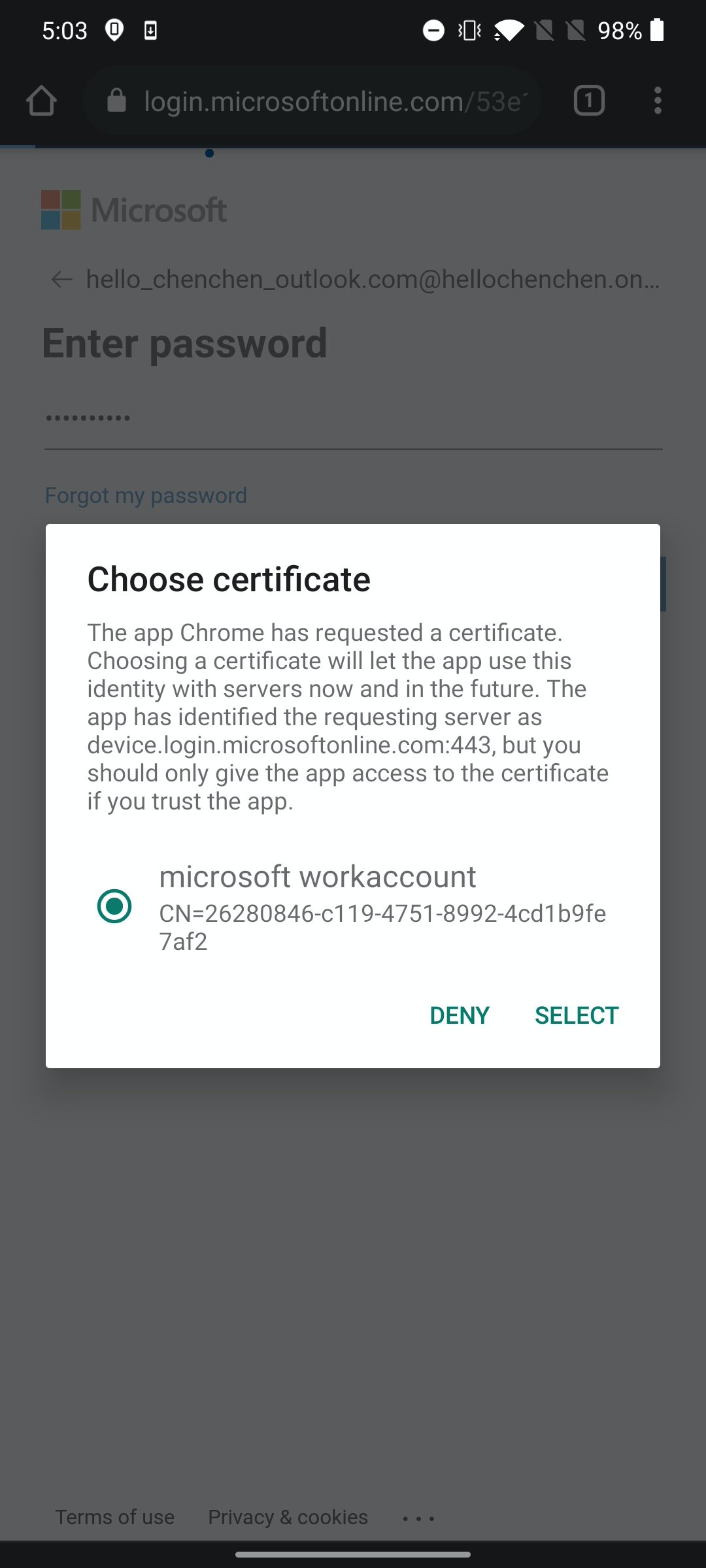 IOS and Android: client add-in not support prompt for cert selection when using adfs or azure ad ...