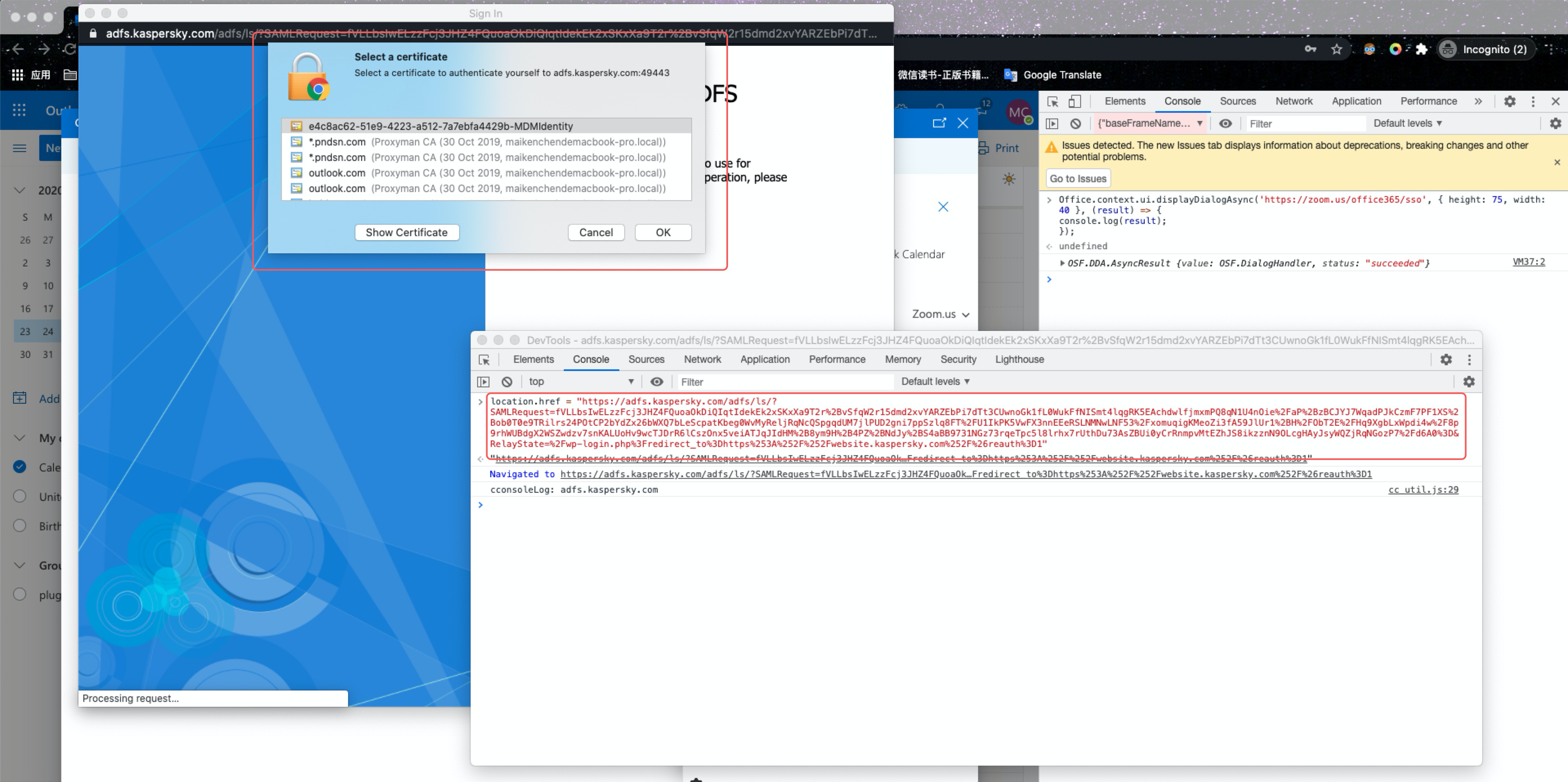 Mac Outlook: client add-in not support prompt for cert selection when using adfs to doing sso ...