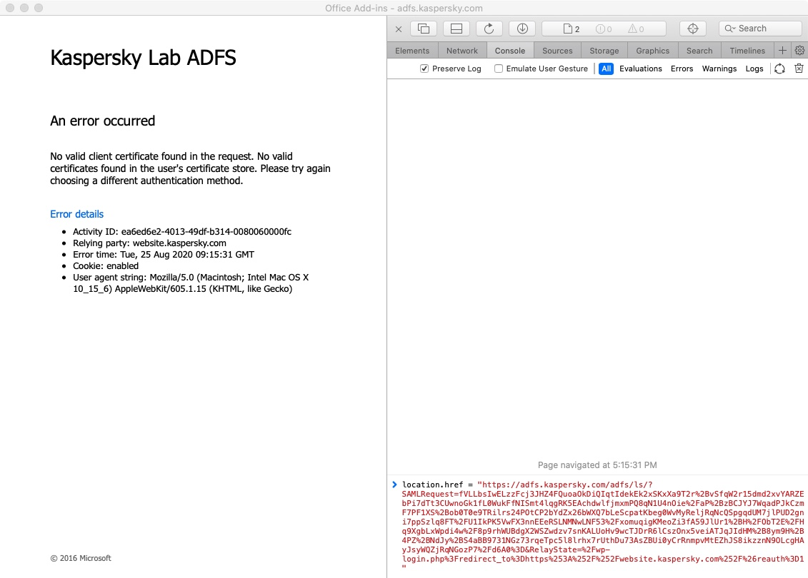 Mac Outlook: client add-in not support prompt for cert selection when using adfs to doing sso ...