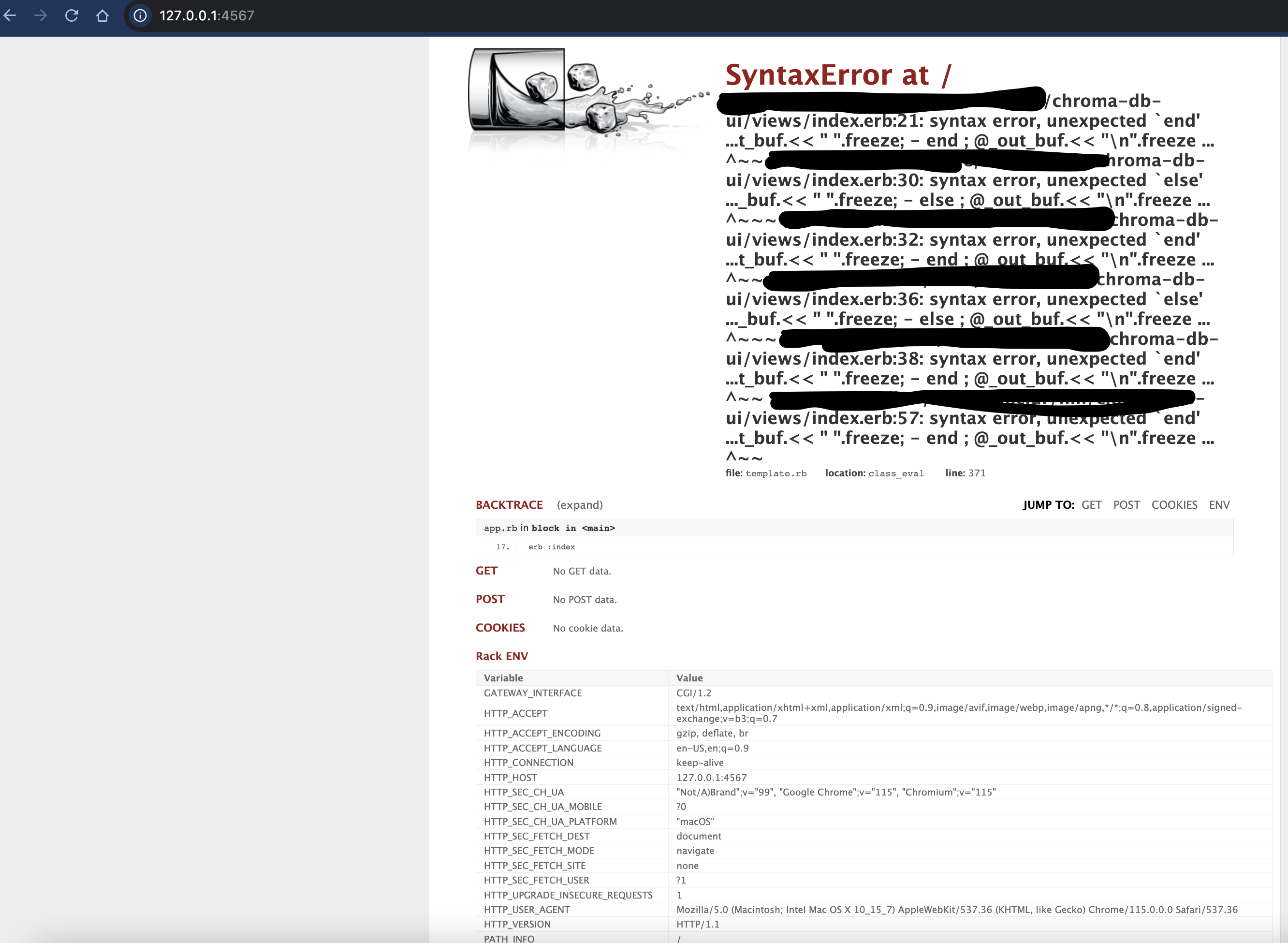 Getting following while accessing UI: SyntaxError - ../chroma-db-ui/views/index.erb:21: syntax ...