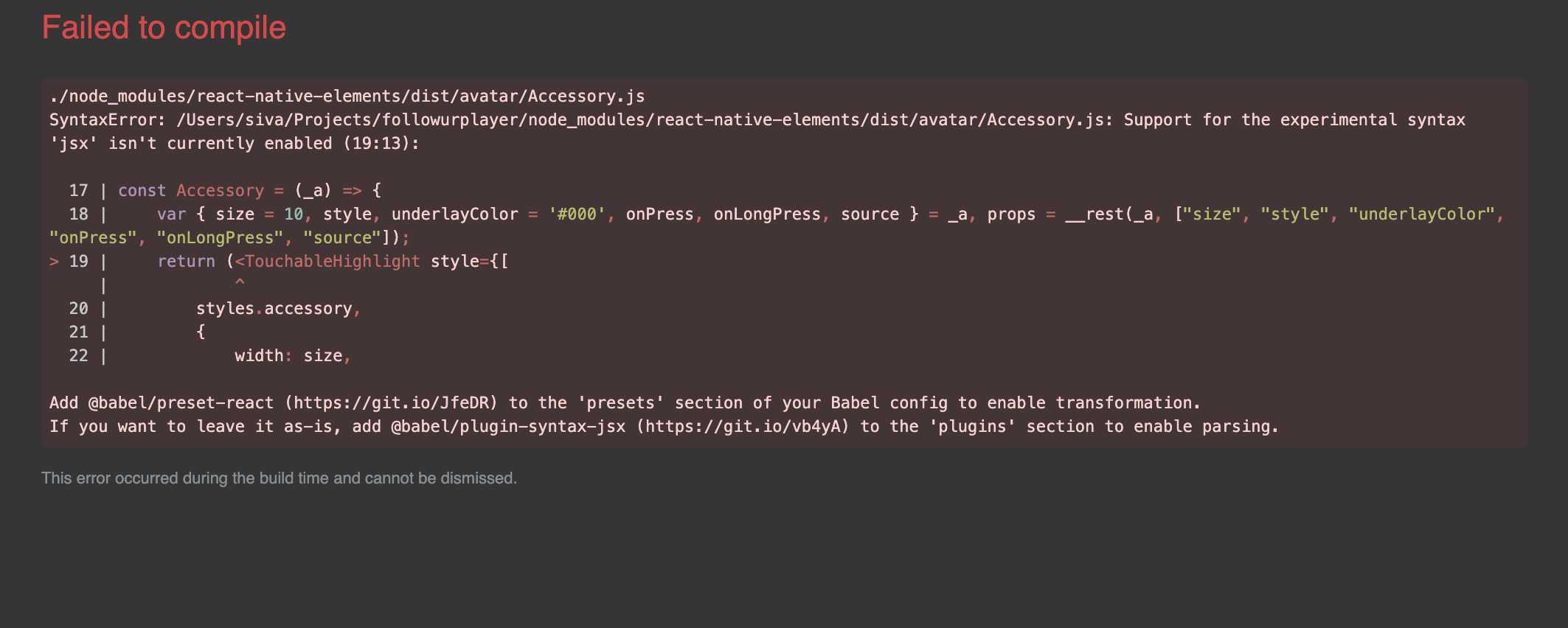 /react-native-elements/dist/avatar/Accessory.js: Support for the experimental syntax 'jsx' isn't ...