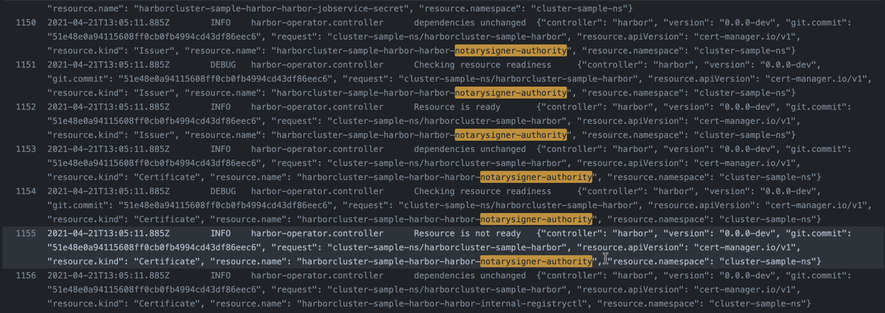sometimes CI failed because harborcluster-sample-harbor-harbor-notarysigner-authority not ready ...