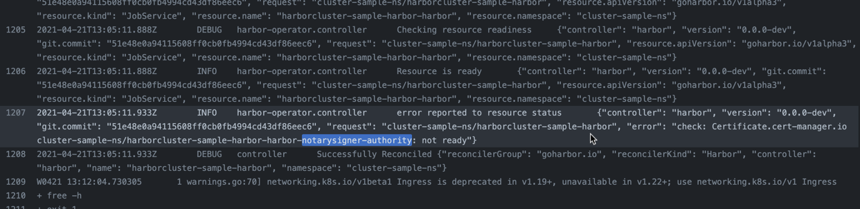 sometimes CI failed because harborcluster-sample-harbor-harbor-notarysigner-authority not ready ...