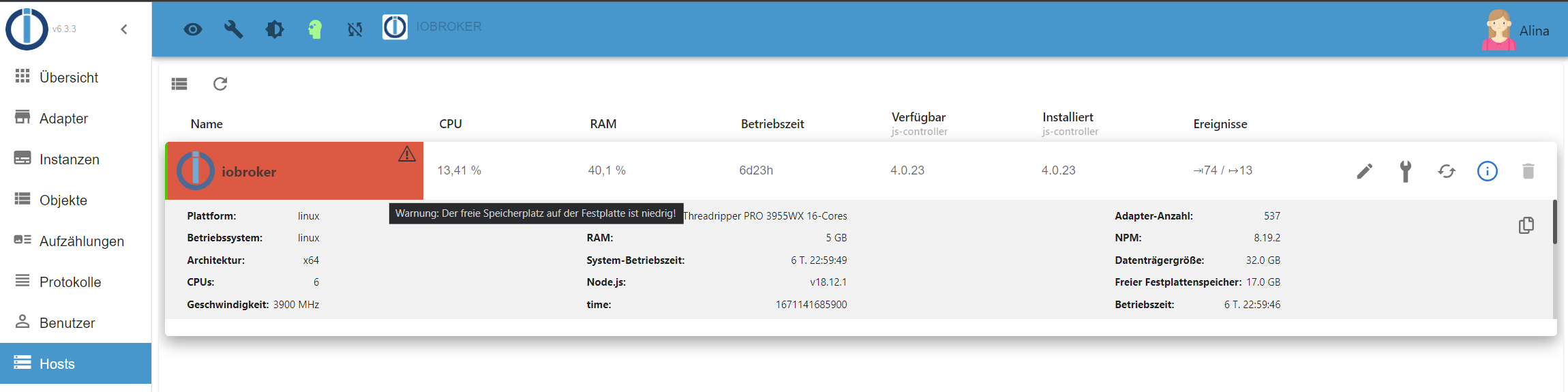 Hosts: Warnung der freie Speicherplatz auf der Festplatte ist niedrig scheint falsch zu sein ...