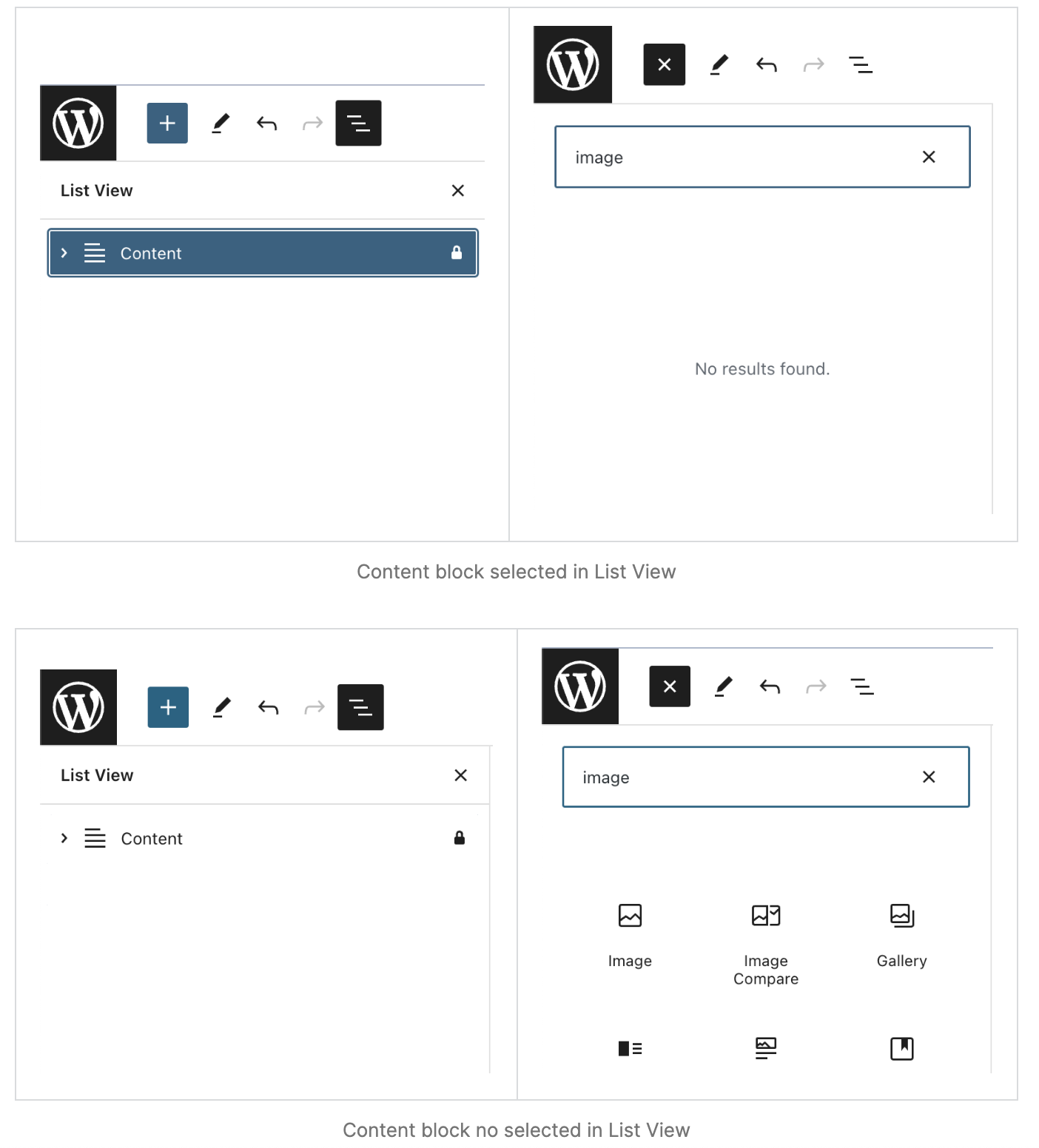 Empty block inserter and search results when editing page content from site editor if Content ...