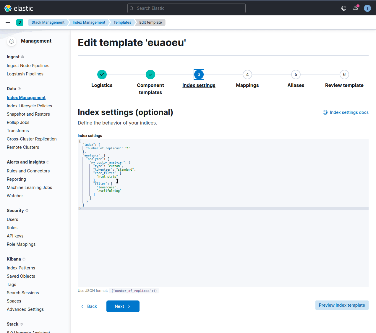 [Index Management] Custom analyzer in index settings is not read by the Text field edit panel ...