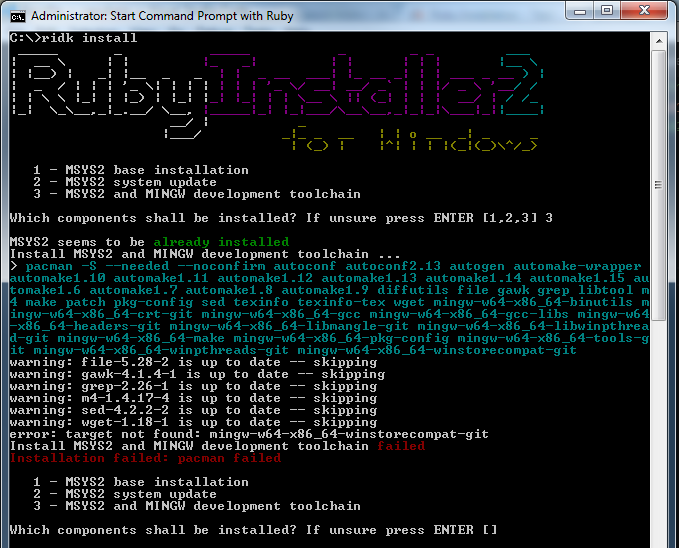 Pacman failed when selection option 3 · Issue #76 · oneclick/rubyinstaller2 · GitHub