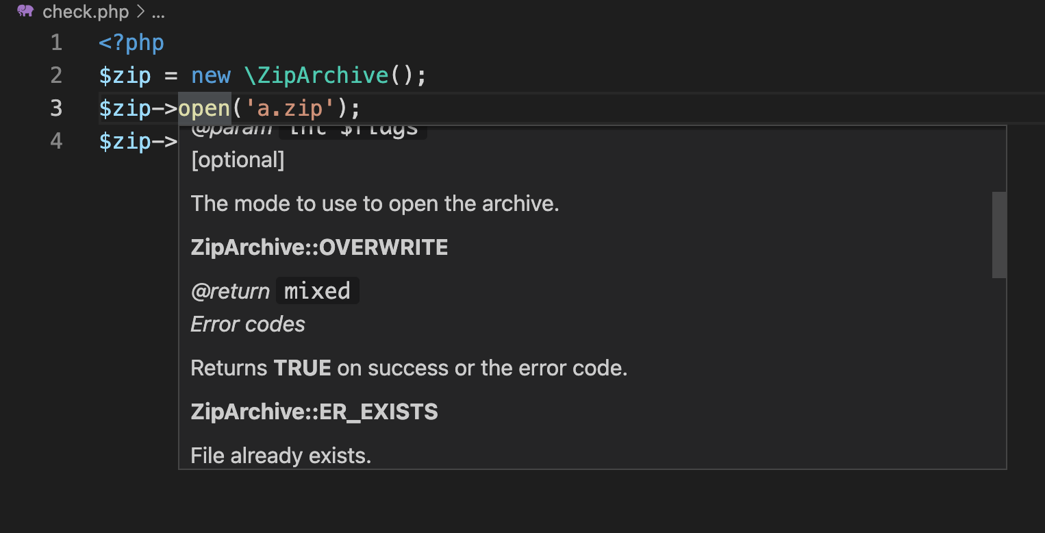ZipArchive using old documentation · Issue #2201 · bmewburn/vscode-intelephense · GitHub