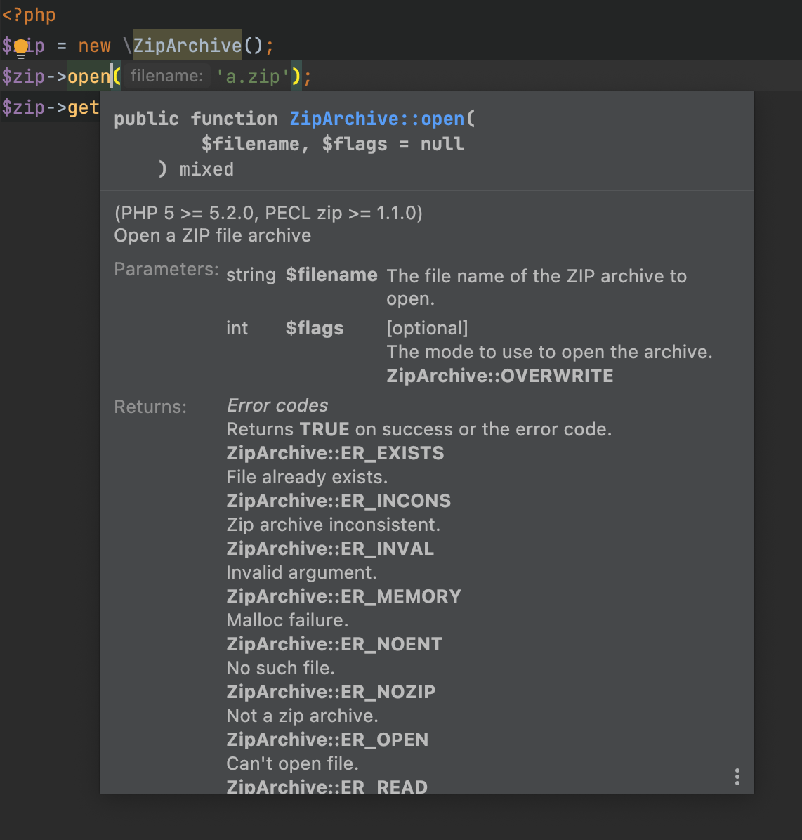 ZipArchive using old documentation · Issue #2201 · bmewburn/vscode-intelephense · GitHub