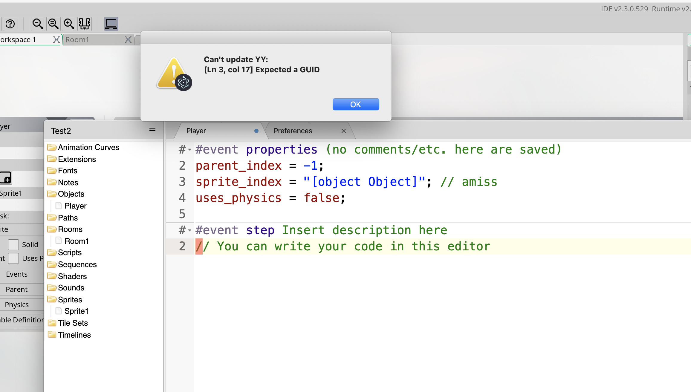 New bare bones project | Mac OSX | Can't update YY: Expected a GUID ...