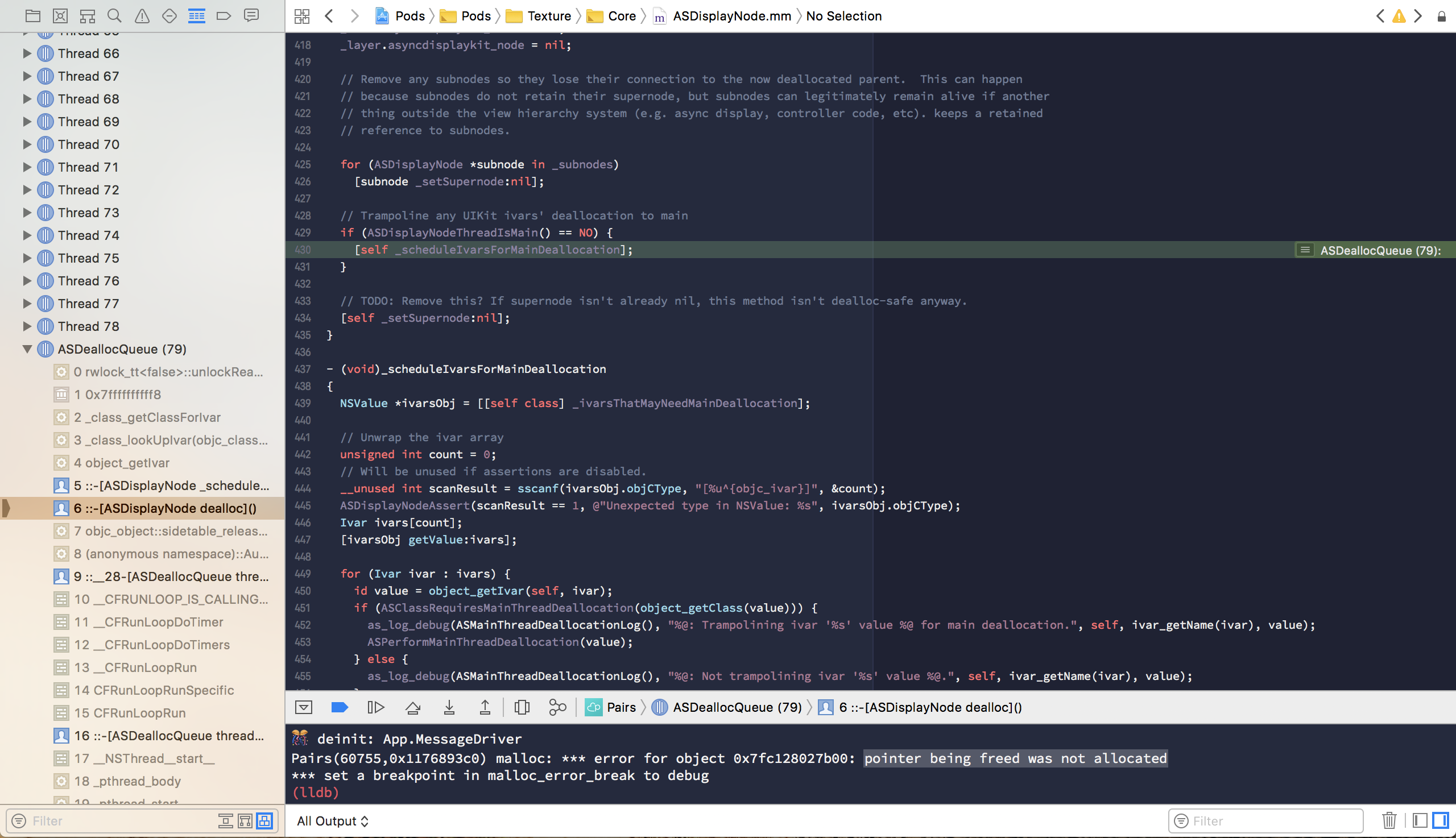 "pointer being freed was not allocated" in iOS11 · Issue #544 · TextureGroup/Texture · GitHub