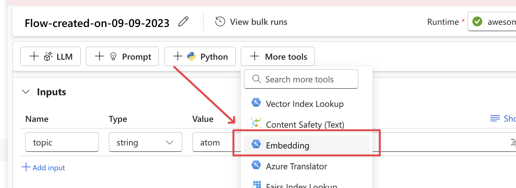 [BUG] Not able to select embedding api in llm node · Issue #357 · microsoft/promptflow · GitHub