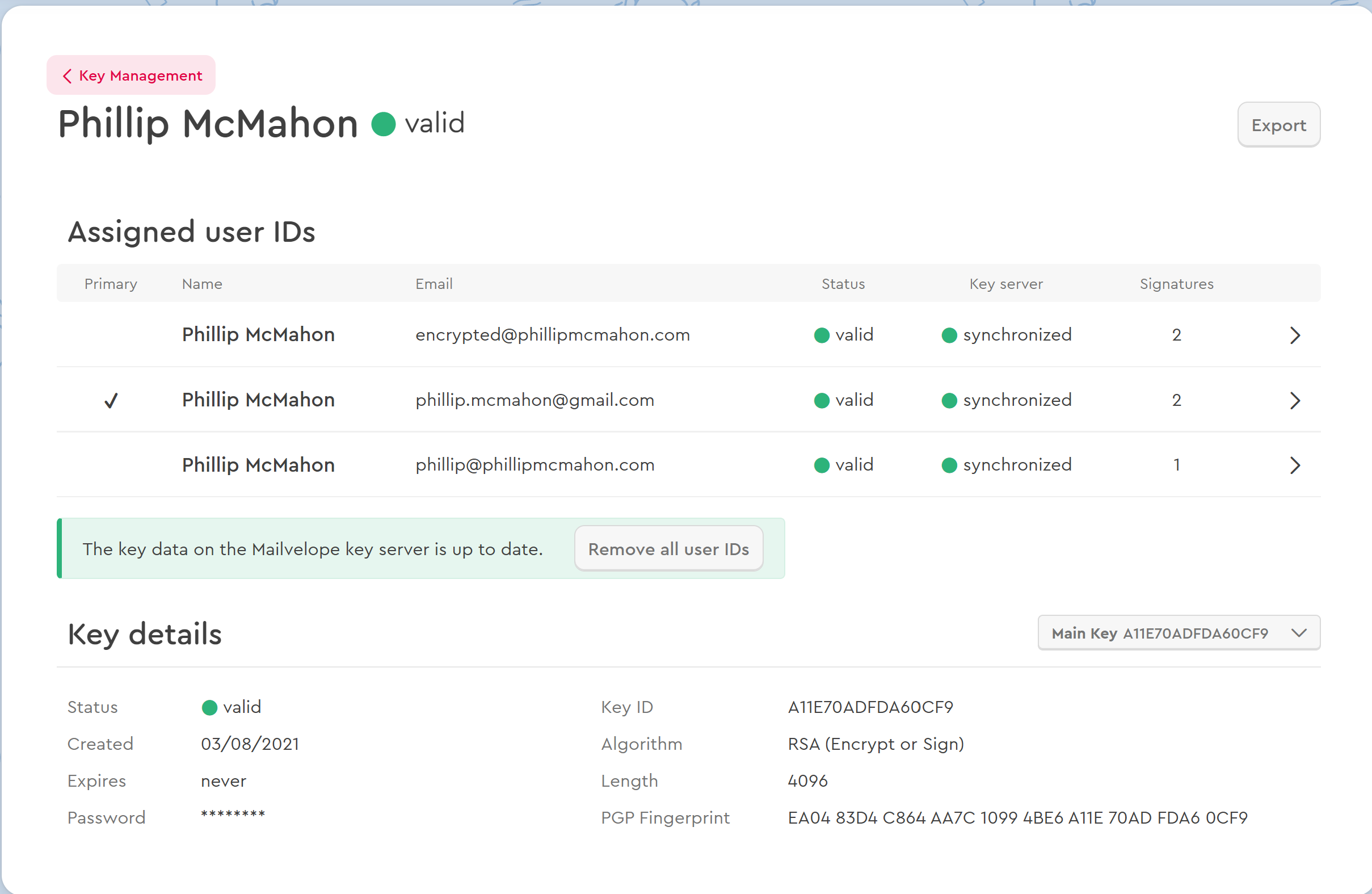Mailvelope - No private key found for this message. Required private key IDs: 0000000000000000 ...
