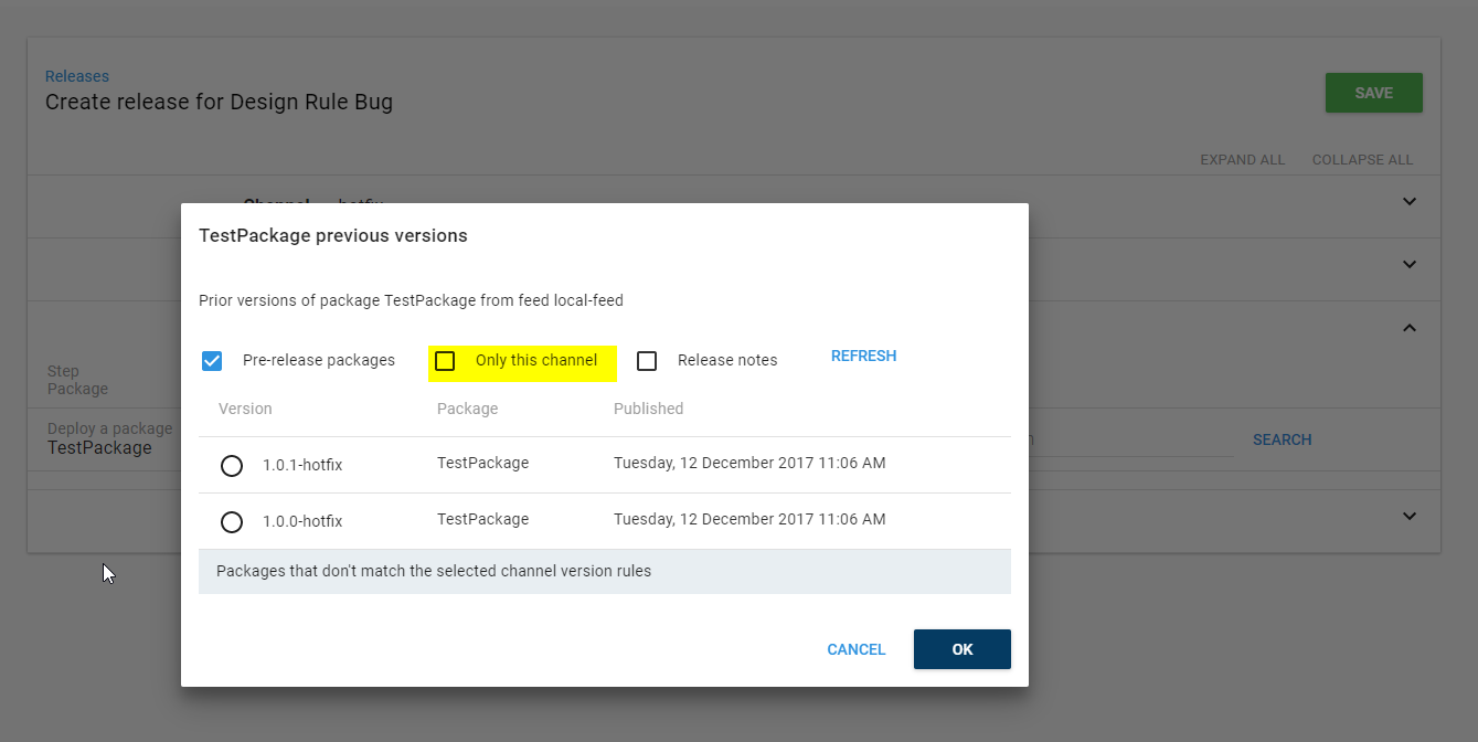 "Only this channel" filter doesn't work when selecting packages for a release · Issue #4076 ...