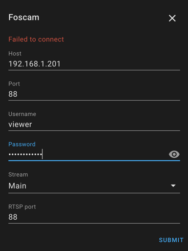 Foscam Integration: "Failed to connect" FI8918W · Issue #53482 · home-assistant/core · GitHub