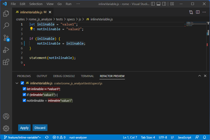 feat(rome_js_analyze): add an `inlineVariable` code action by leops ...