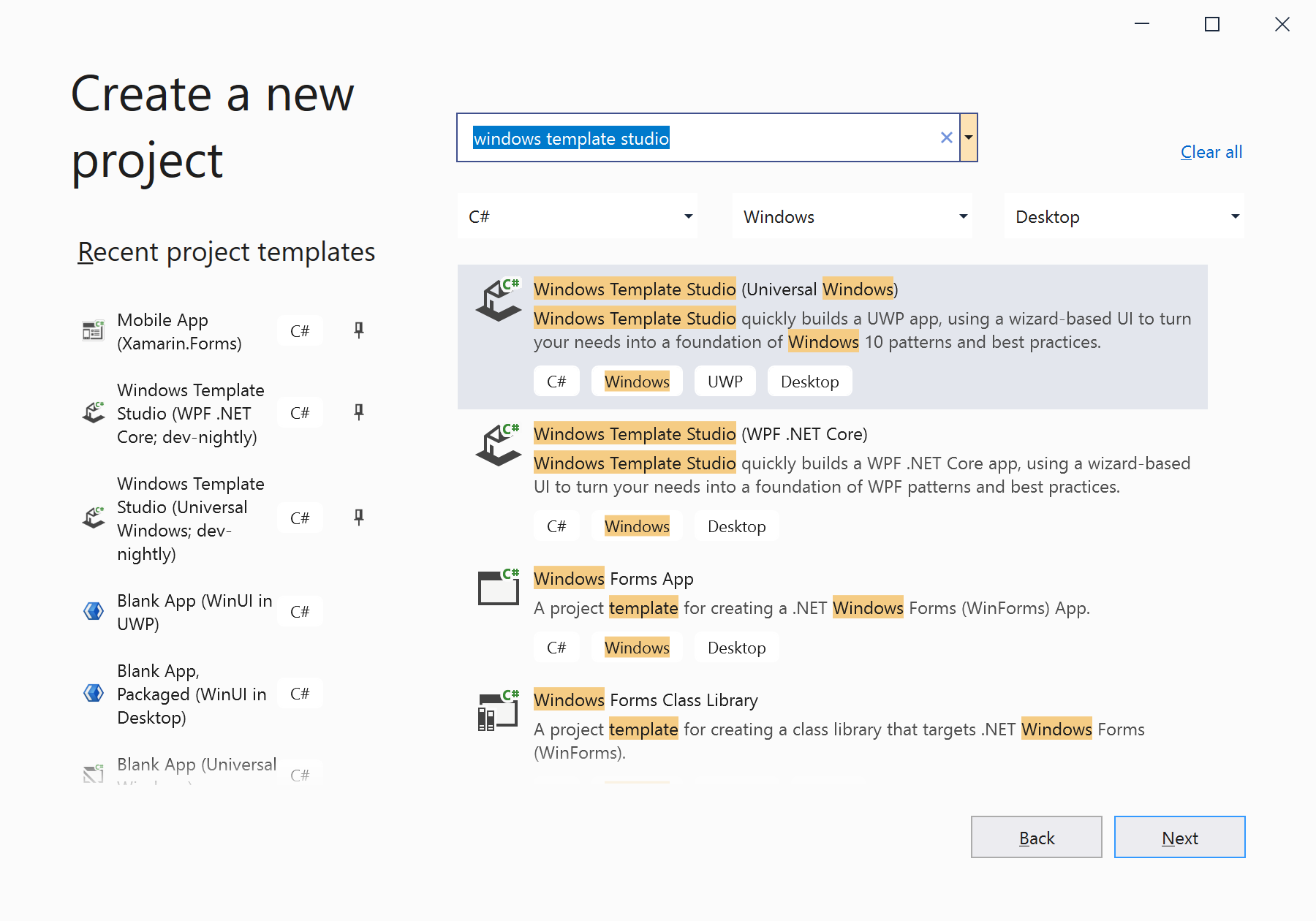 Can't find the "Windows Template Studio" Project template after ...