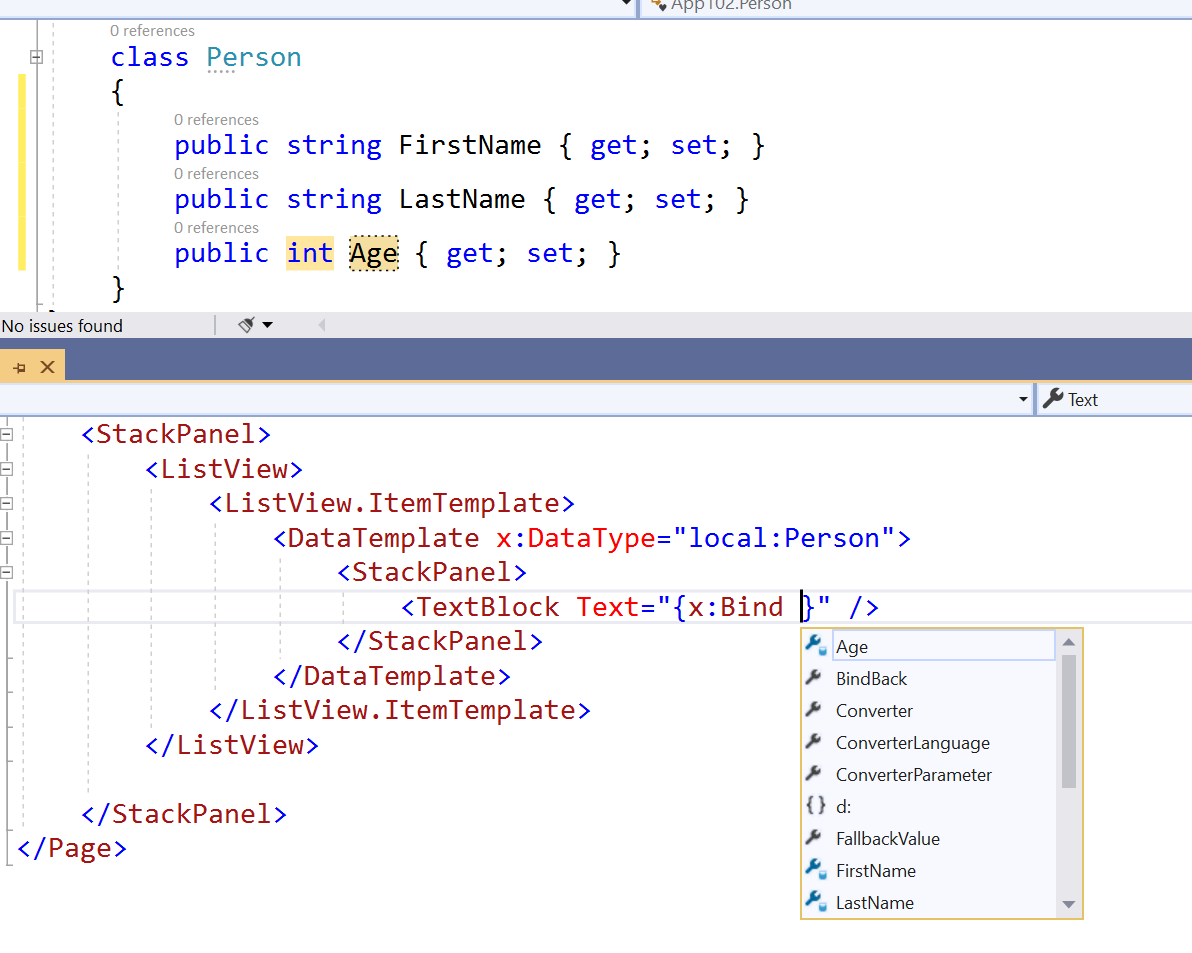 Xaml editor shows member functions not properties when trying to use ...