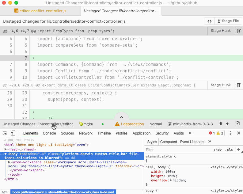 Hunks for staging are not visible in 'Unstaged Changes' tab · Issue #1074 · atom/github · GitHub