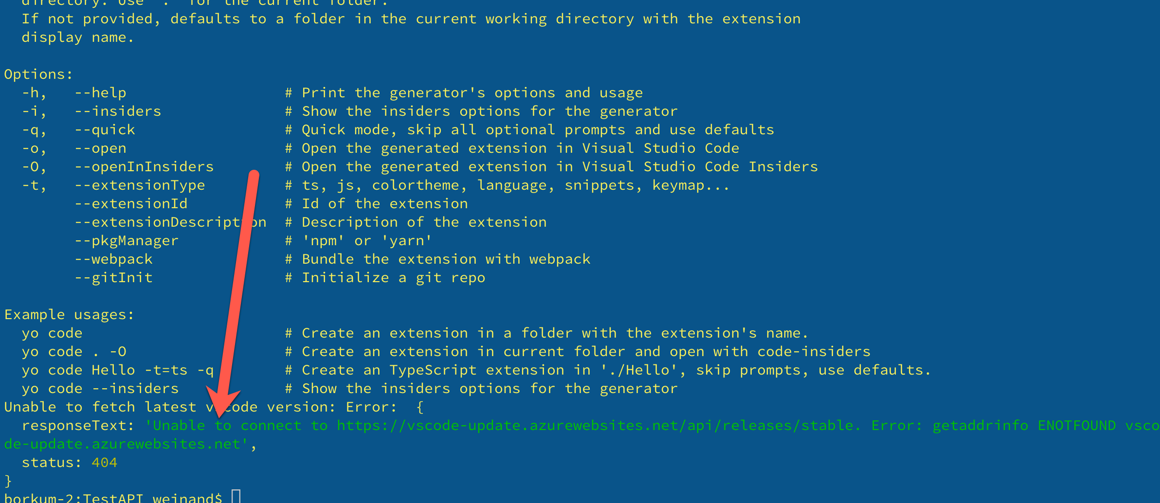 `yo code --help` results in error · Issue #251 · microsoft/vscode-generator-code · GitHub