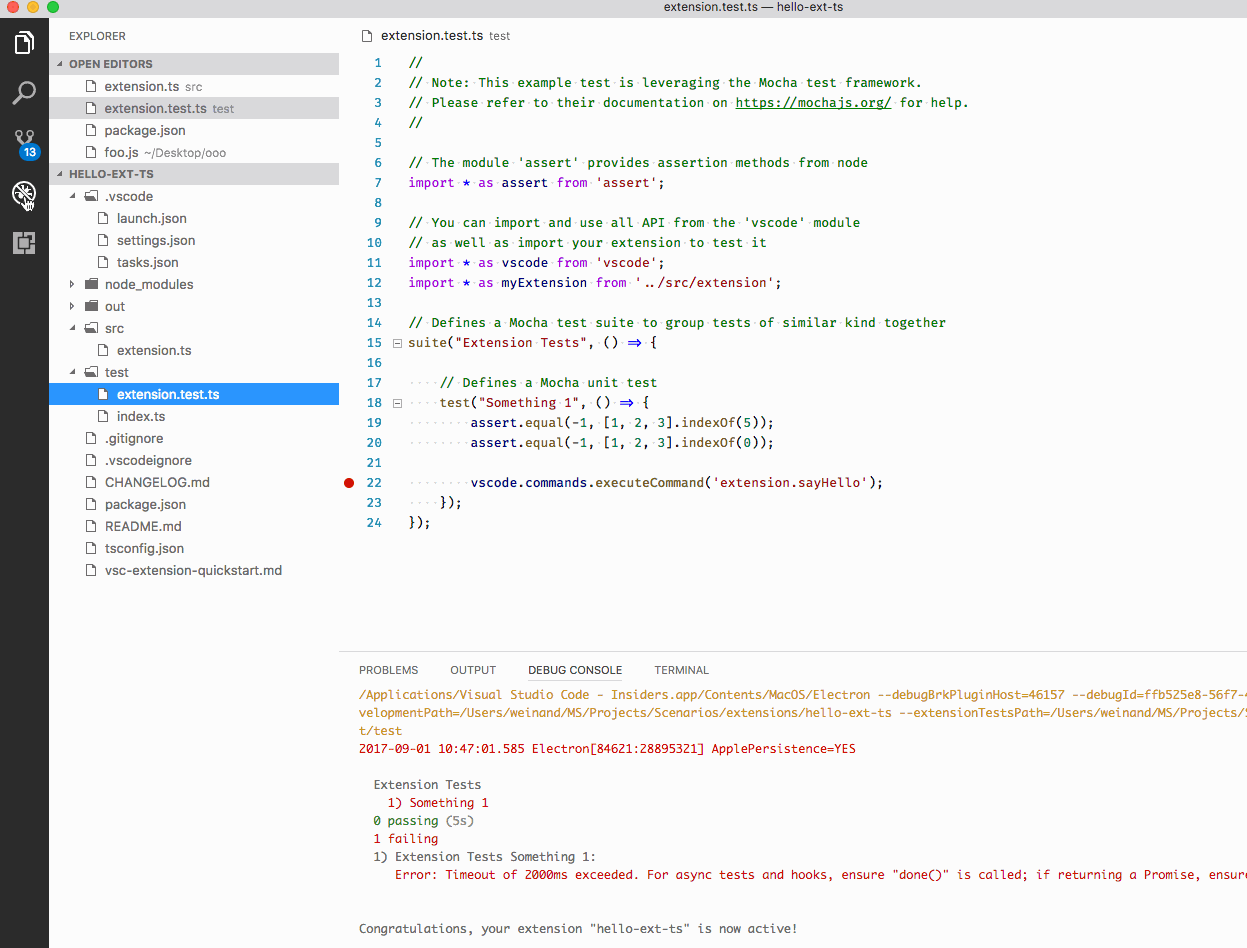 Breakpoints don't get triggered for extension integration tests · Issue ...