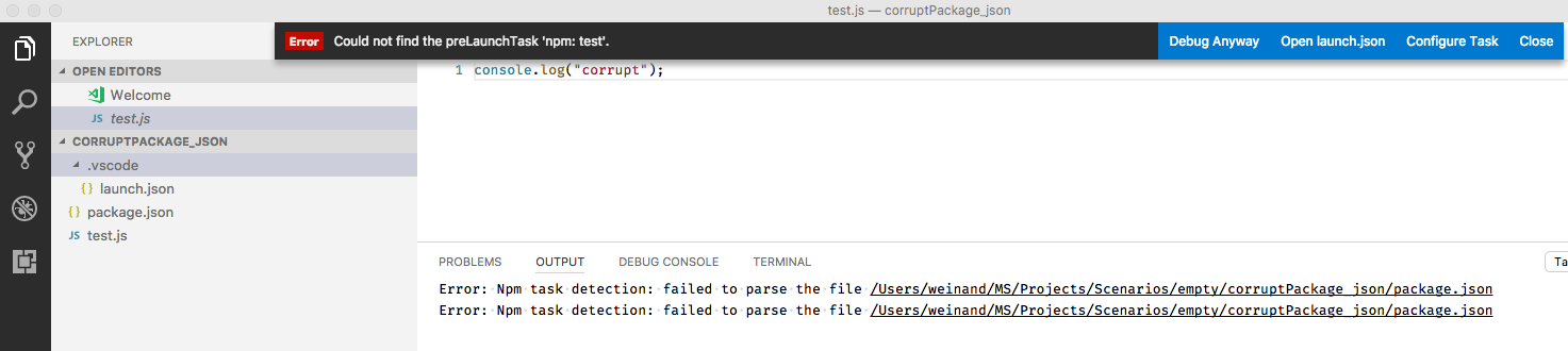 Could Not Find The Prelaunchtask Npm Watch Issued When Failed To Parse Packagejson