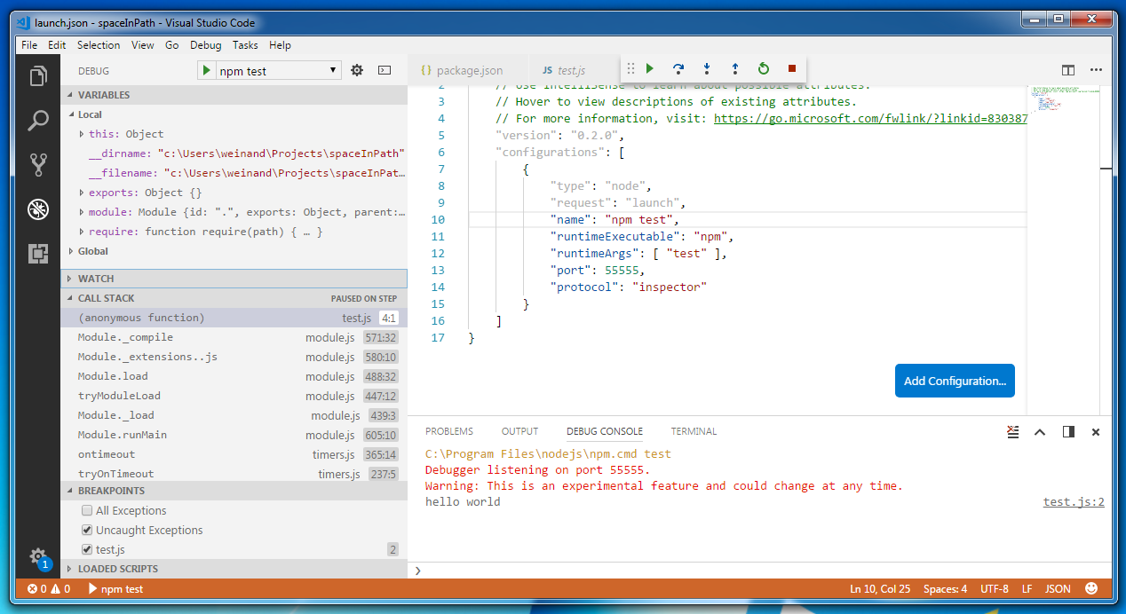 Can't launch debugger with runtimeExecutable that has a space in the ...