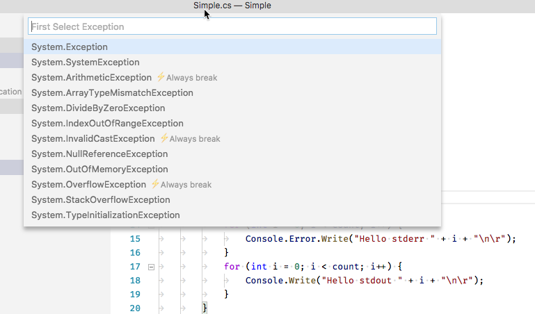 Add Ability To Ignore Specific Exception Types While Debugging · Issue