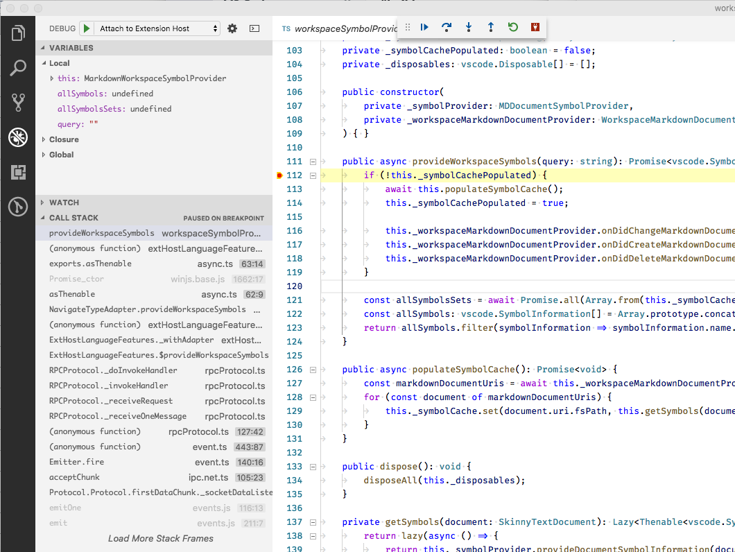 Unable To Debug Markdown Language Features Extension After Connecting To Process · Issue 57817