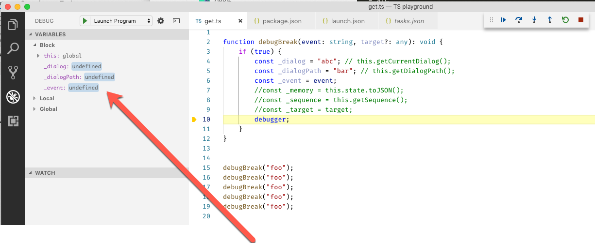 JavaScript: Undefined block scope values after 5th call to "debugger ...