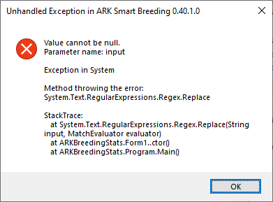 Unhandled Exception after updating 0.39.? to 0.40.1.0 · Issue #1081 · cadon/ARKStatsExtractor ...
