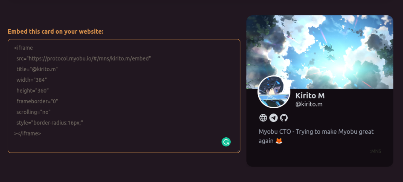 Embed your MNS profile card on your website · Issue #2 · Myobu-Guardians/realm · GitHub