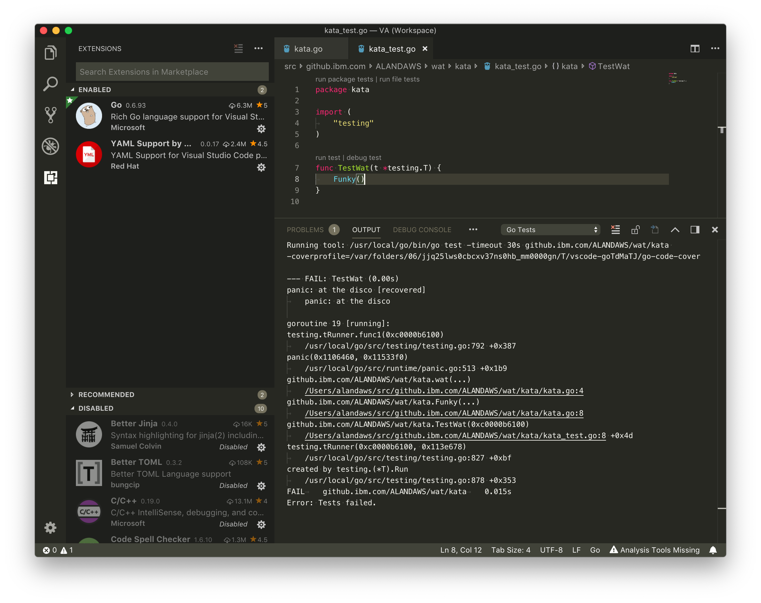 Kubernetes extension breaks file links in "Go Tests" OUTPUT channel ...