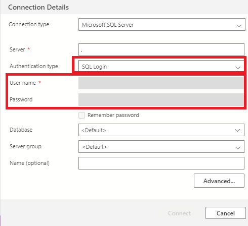 Connection Creation Dialog: Username/Password fields disabled for SQL ...