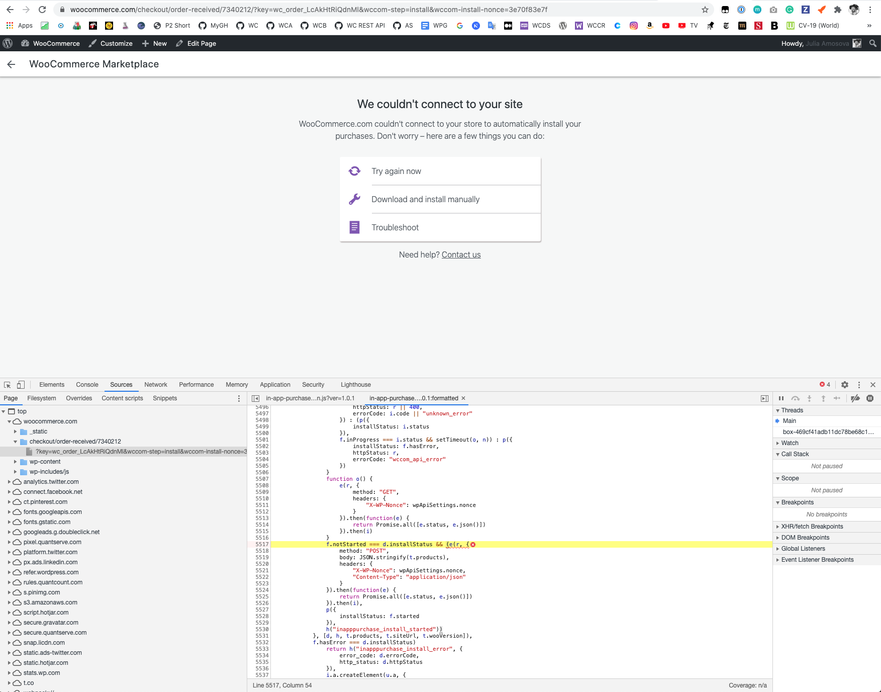[WC 5.0 beta1 with WC Admin 1.8.3] Connection to woo.com doesn't work when trying to complete ...