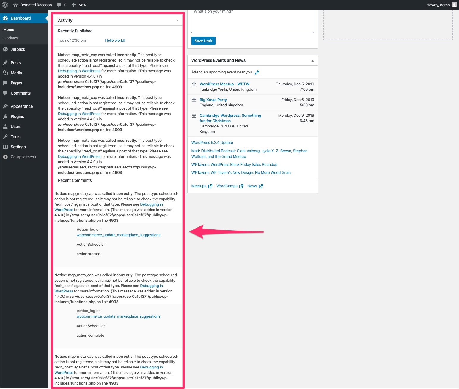 On deactivating WooCommerce, ActionScheduler/action_logs get listed in 'Activity' widget on ...