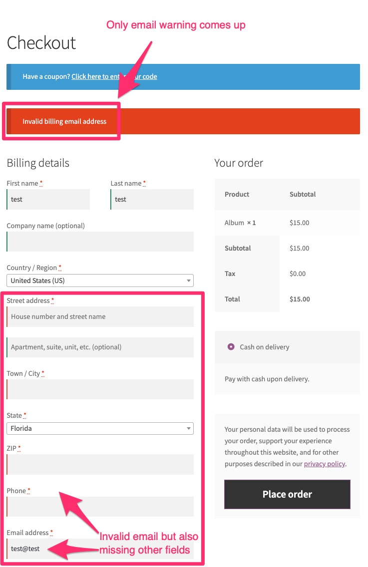Invalid email supersedes all other validation checks at checkout ...