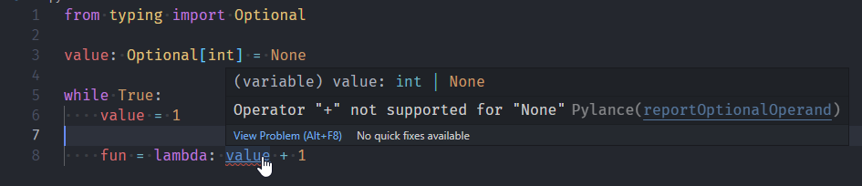 Incorrect Optional type inference in lambdas in loops · Issue #3533 · microsoft/pylance-release ...