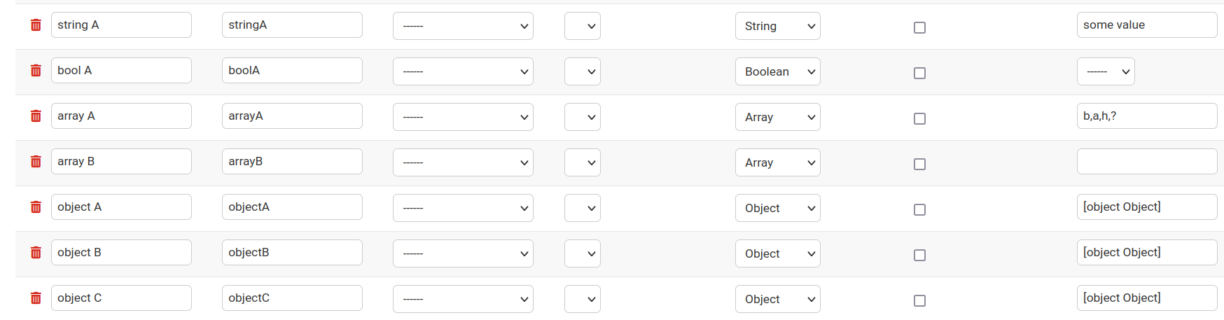User defined variables in editor have wrong widget for data types Object, Array, time · Issue ...
