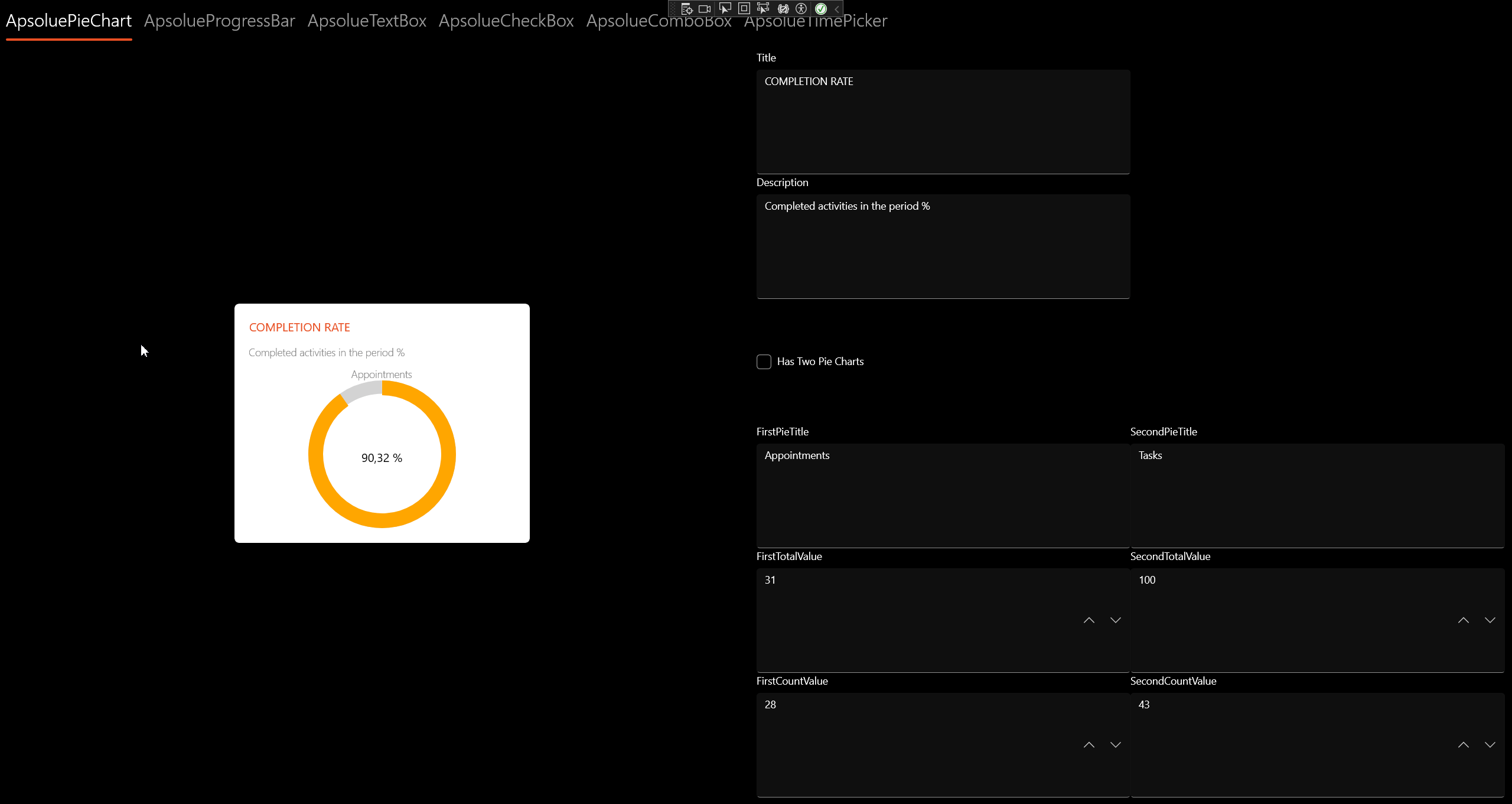 When using a PieChart with two series, in order to make a "progressbar" effect, the piechart ...
