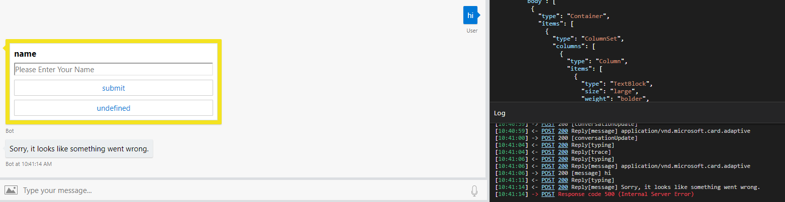 Microsoft Bot Framework V 4.1.5 c# Adaptive Card AdaptiveSubmitAction ...