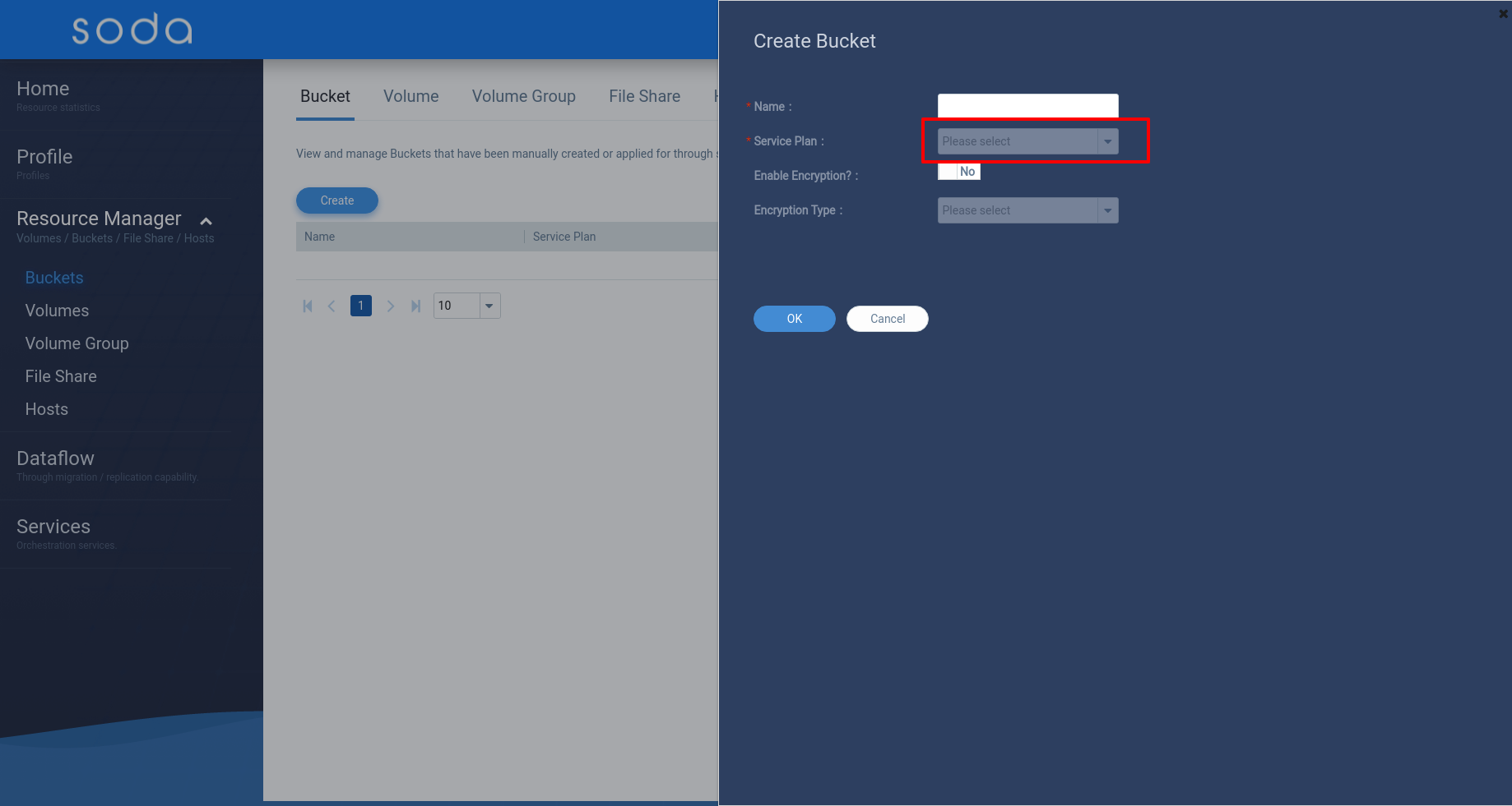 Unable to create a bucket from SODA Dashboard when using Storage Service plans and logged in as ...