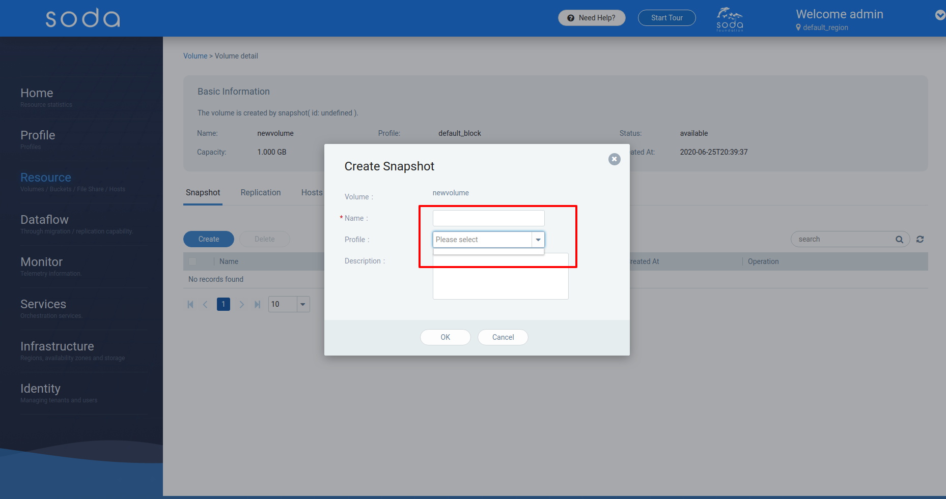Unable to create snapshot of a volume from the dashboard. Profile dropdown does not load values ...