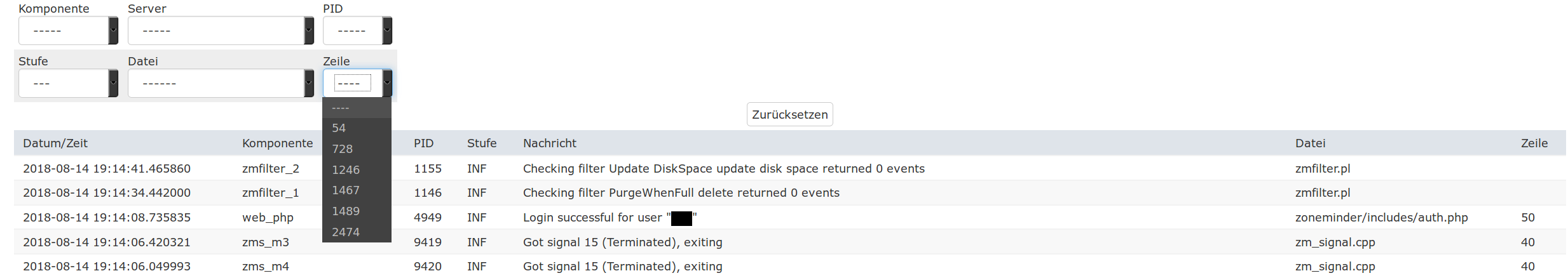 Can't filter for some log events in the log viewer · Issue #2180 · ZoneMinder/zoneminder · GitHub