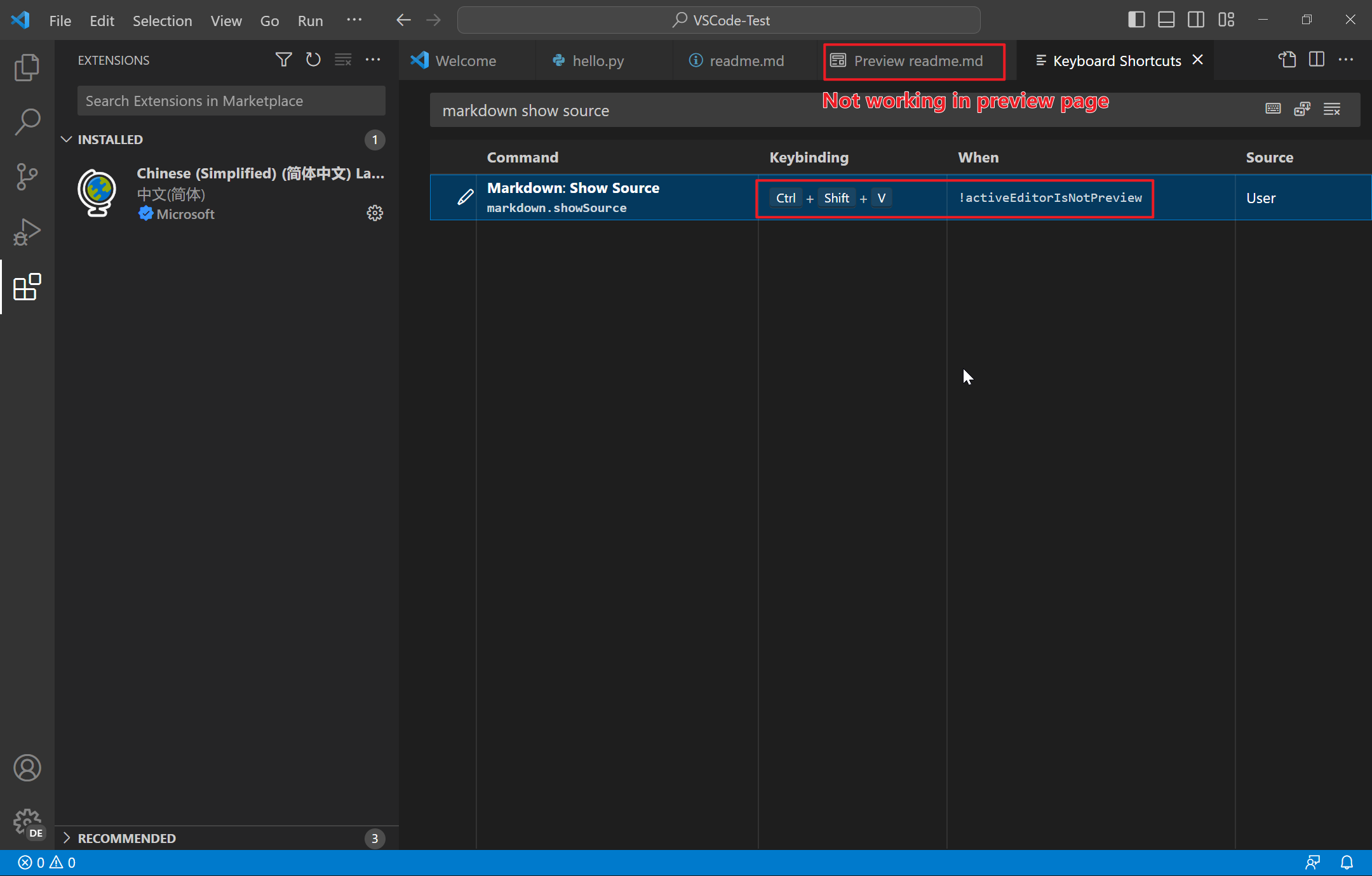 When expression clause `activeEditorIsNotPreview` is not working when the editor show a markdown ...
