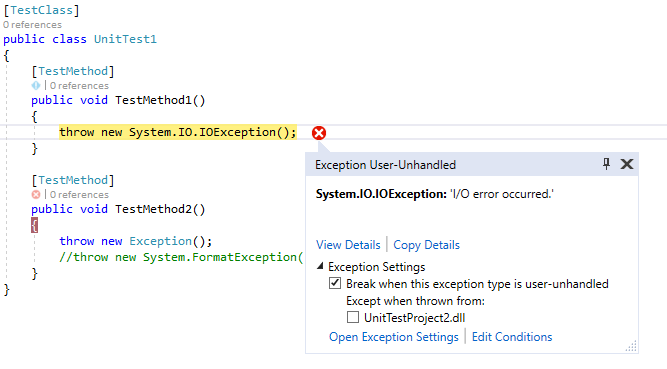 Running Debug Tests With No Exceptions Selected Still Breaks On Exceptions · Issue 985