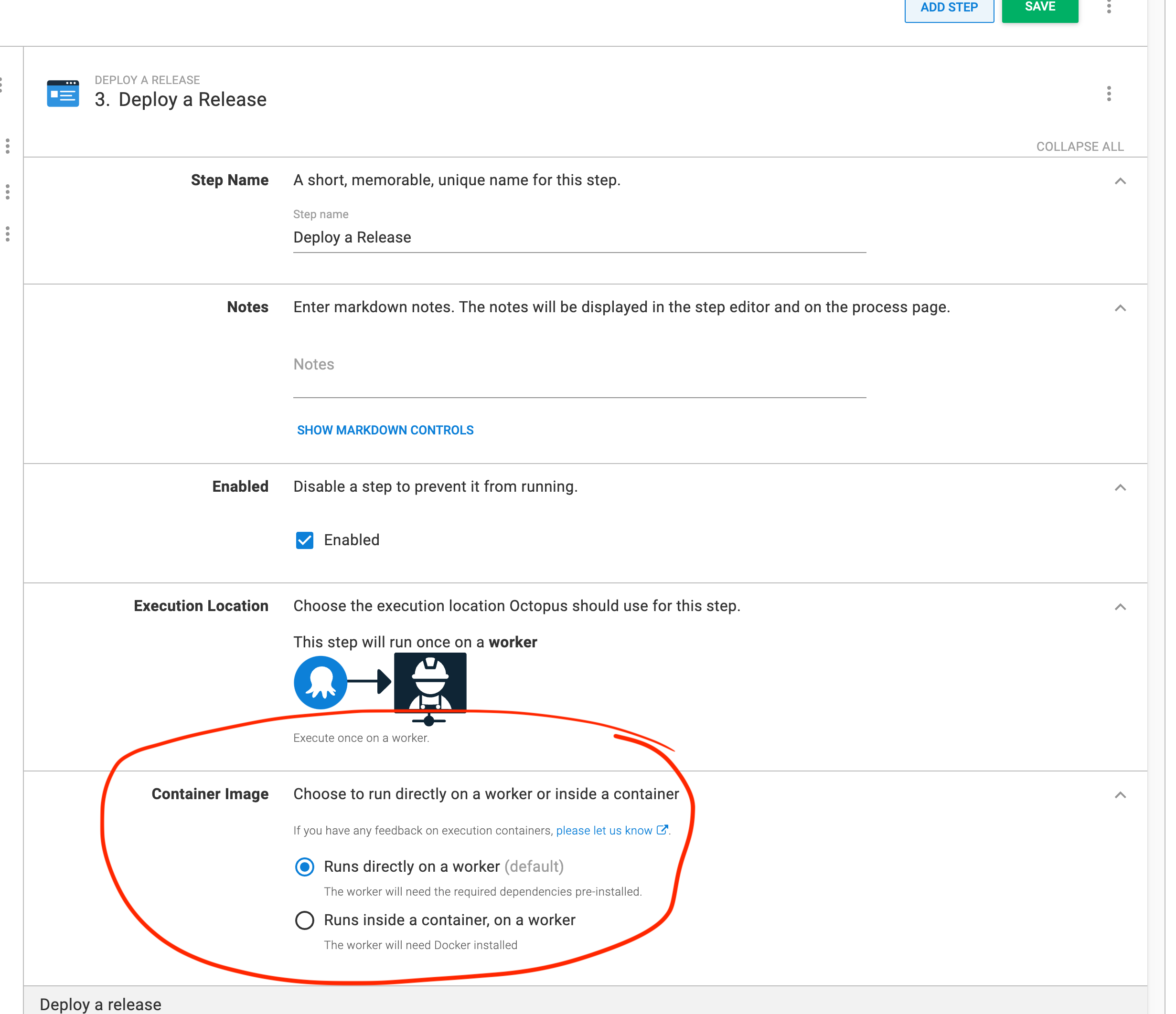 Manual Intervention, Health Check, Deploy a Release steps allow you to set execution container ...