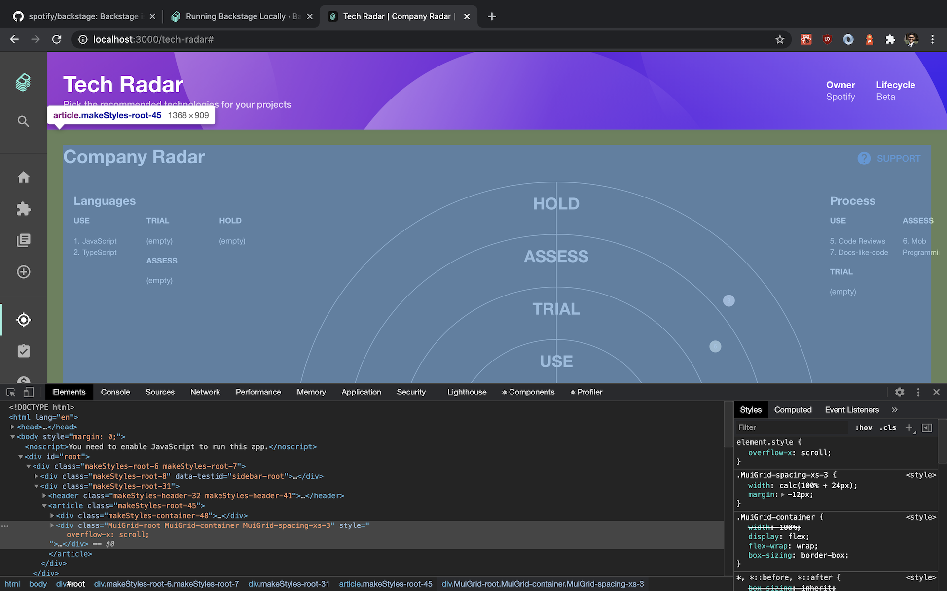 "Company Radar" section on tech-radar page flowing out of HTML · Issue ...