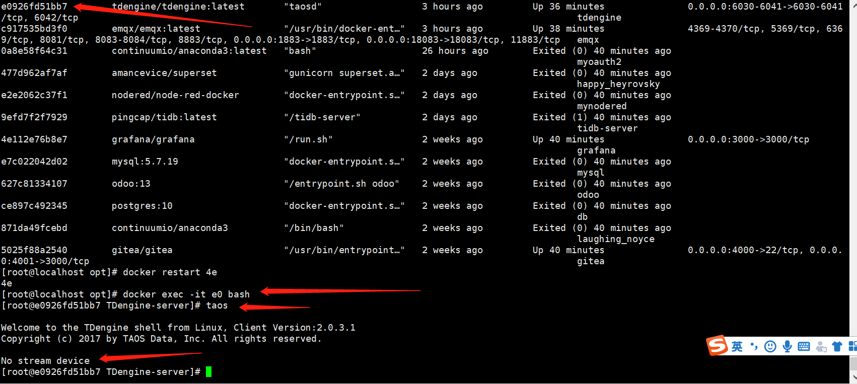 docker运行后，taos命令提示以下内容，并且终端不可操作 · Issue #3546 · taosdata/TDengine · GitHub